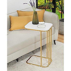 KJGKK C Shaped End Table, 26.6 inches High Side Table for Couch Sofa Bed, Small Tv Tray, for Living Room, Bedroom, Metal Frame, Gold & White