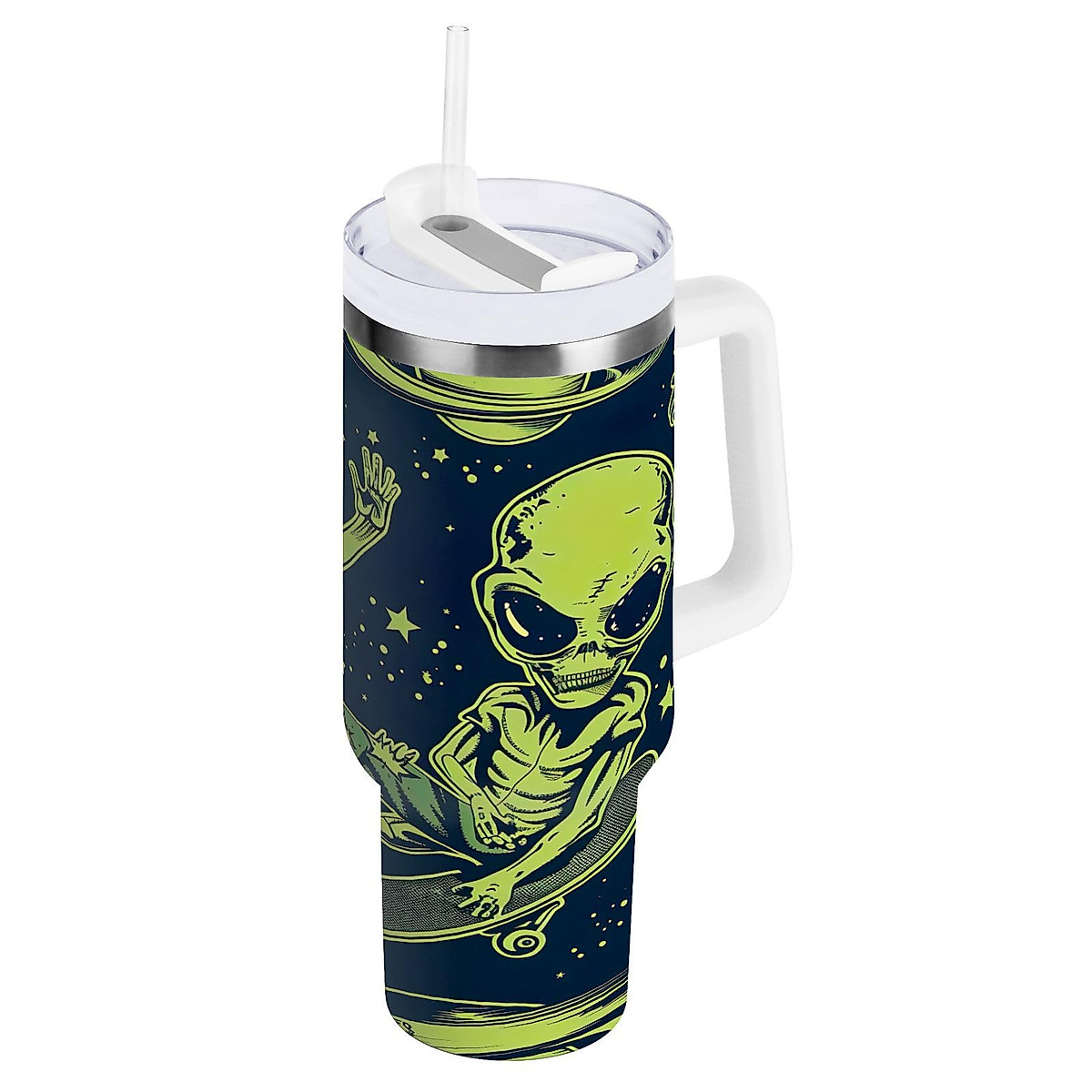 Nesatuwa 40 oz Cute Aliens Tumbler with Handle and Straw Lid,Reusable Stainless Steel Vacuum Insulated Tumbler Leakproof Travel Coffee Mug for Iced and Hot Beverages