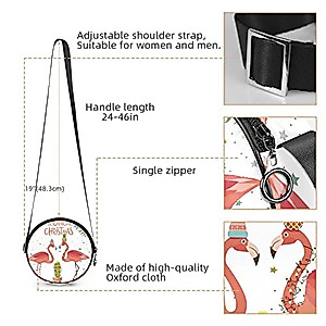 Tropical Christmas Flamingo Crossbody Bag for Women Teen Girls Round Canvas Shoulder Bag Purse Tote Handbag Bag
