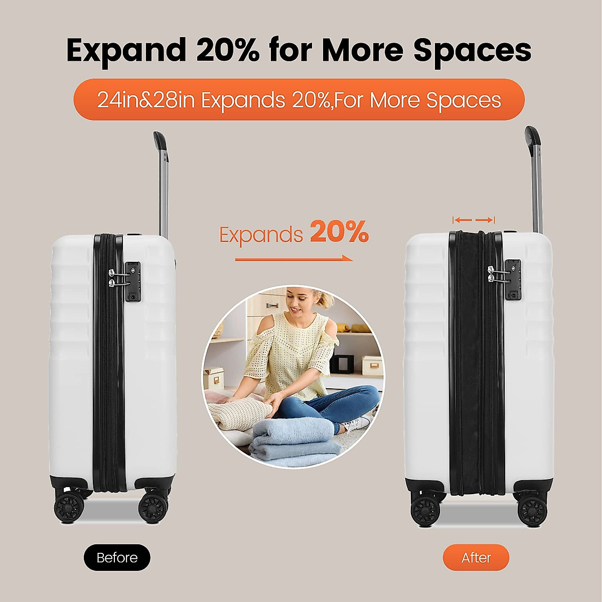 PRIMICIA GinzaTravell PC+ABS suitcase Spinner Wheels scratch-resistant Lightweight Spinner Expandable Suitcase, Universal wheel, TSA lock (White, 3-Piece Set(20"/25"/29"))