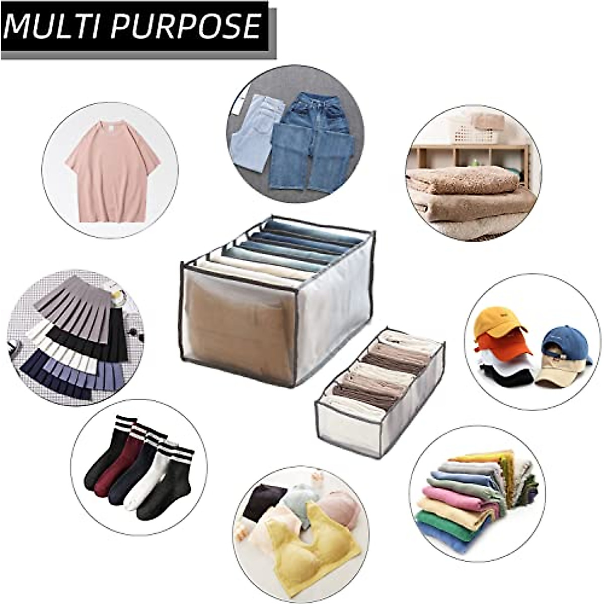 FLOODKING Wardrobe Clothes Organizer, 2Pcs Foldable Washable Drawer Storage Boxes With 7 Compartments, High Capacity Grids Closet Dividers for Underwear, Socks, T-shirts, jeans (large, White)