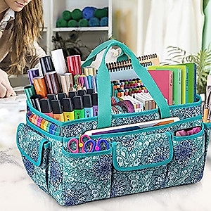 FINPAC Large Craft Storage Tote Bag with Multiple Pockets, Scrapbooking Carrying Case Storage Caddy with Handle for Sewing, Art, Desktop, Baby Care Supplies (Emerald Illusions)