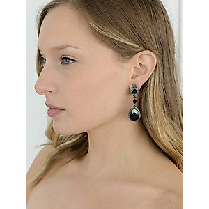 Mariell Black Crystal Teardrop Dangle Clip-On Earrings, Jewlery for Brides, Bridesmaids, Prom and Wedding