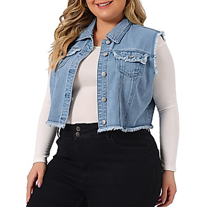 Agnes Orinda Plus Size Denim Jackets for Women Button Down Distressed Sleeveless Jean Vest Jacket 4X Light Blue