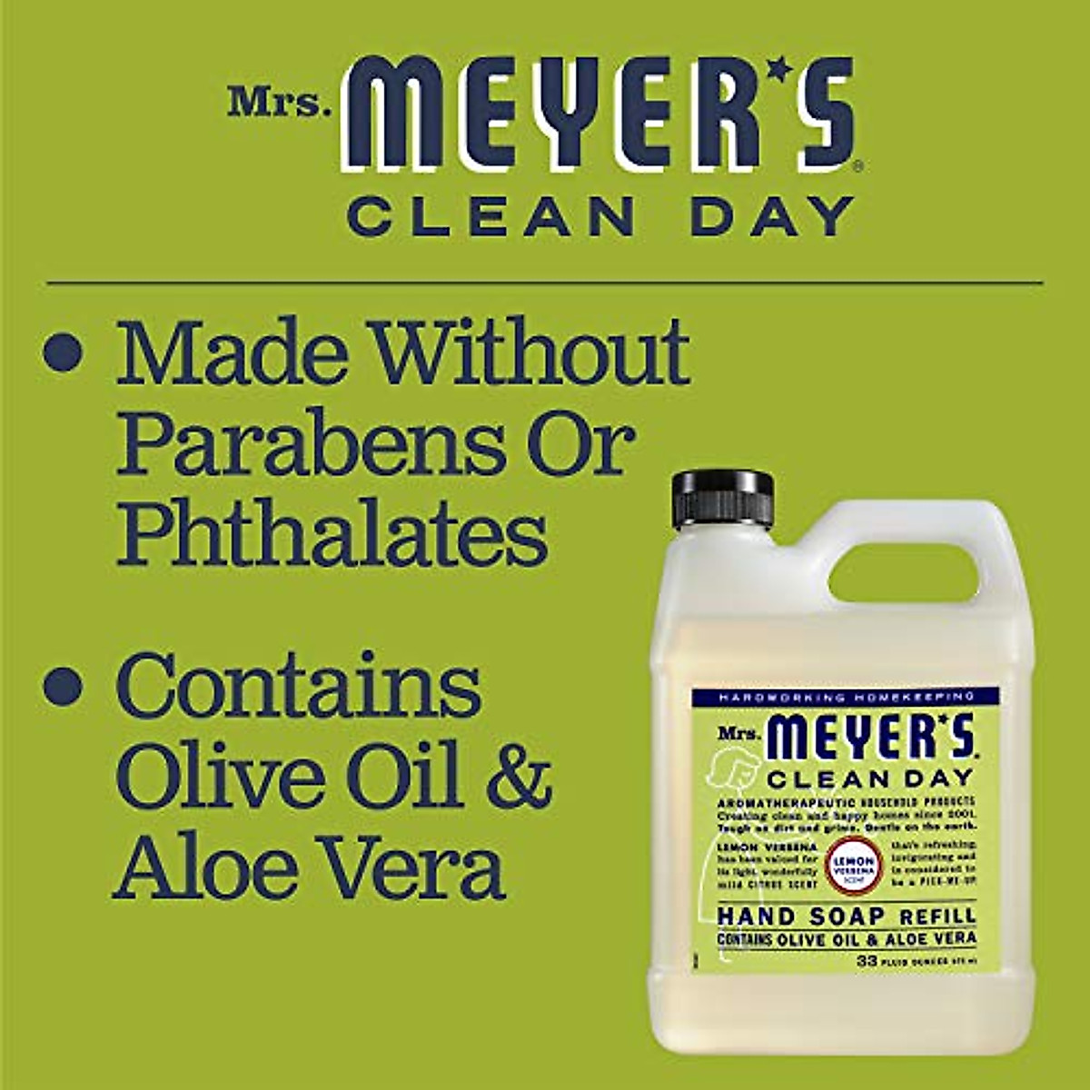 MRS. MEYER'S CLEAN DAY Hand Soap Refill, Made with Essential Oils, Biodegradable Formula, Lemon Verbena, 33 Fl. Oz - Pack Of 2