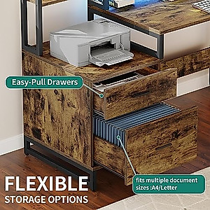YITAHOME L Shaped Desk with Power Outlets & LED Lights, Reversible Computer Desk with Drawers & Hutch, Corner Desk Office Desk with Monitor Stand, Printer Stand, 2 Person Desk, Rustic Brown