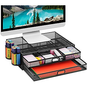 Monitor Stand with Drawer | Monitor Riser with Drawers and 2 Magnetic Pen Holder | Black Mesh Metal Desk Organizer for Computer, PC, Laptop, Printer, Notebook, iMac (Set of 3)