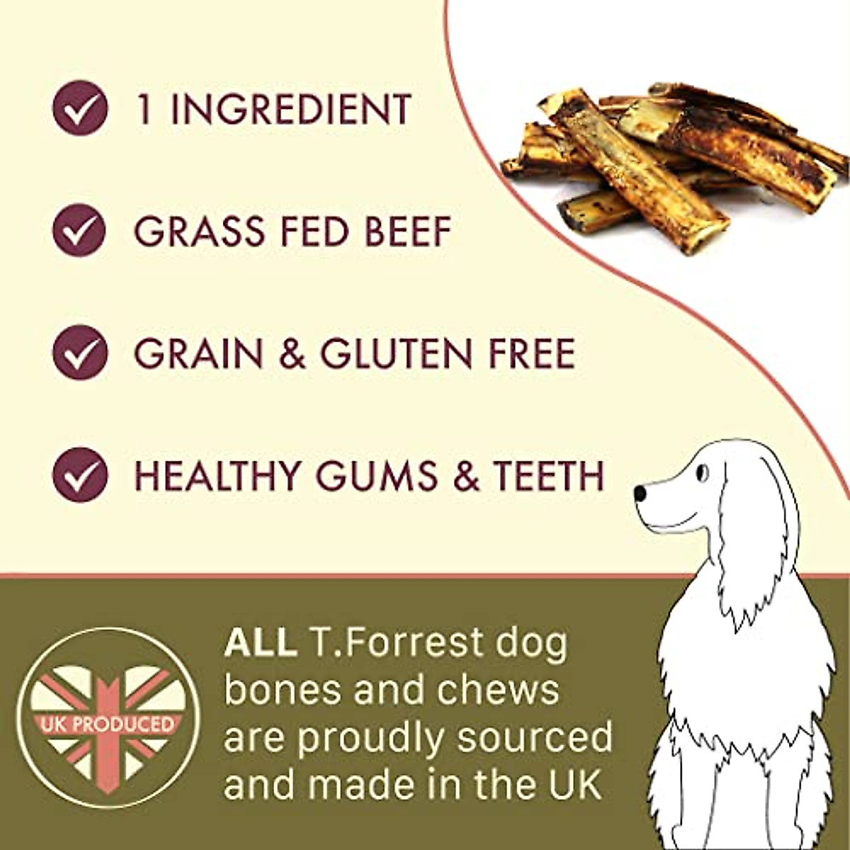 T. Forrest Beef Rib Dog Bones 6-8" (6 Pack) Natural Grass Fed Made in UK