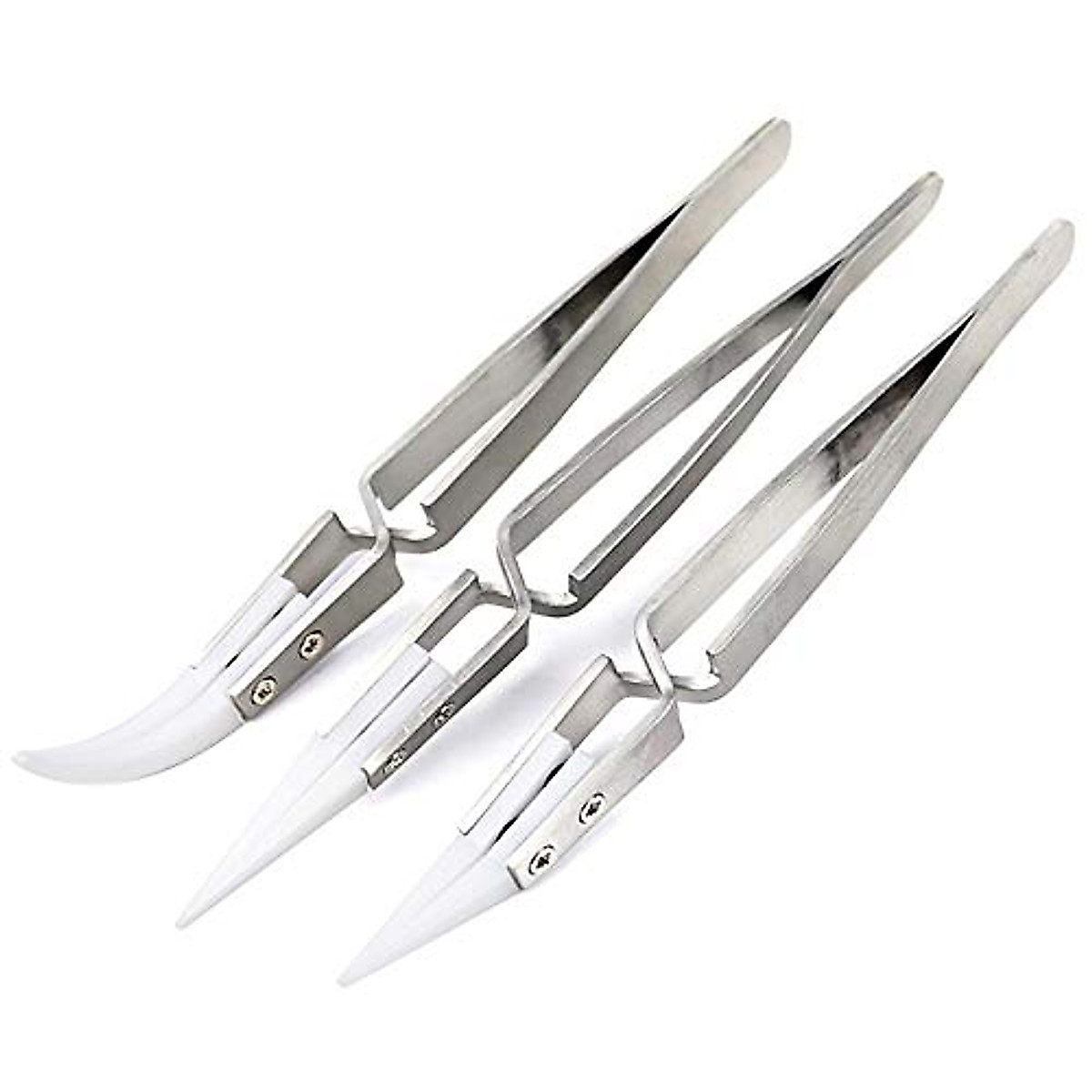 YAKAMOZ 3pcs Precision Reverse Ceramic Tweezers Non-Conductive, Heat Resistant, Anti-Magnetic Pointed & Curved Tips Tweezer Set for Pinching Coils While Firing