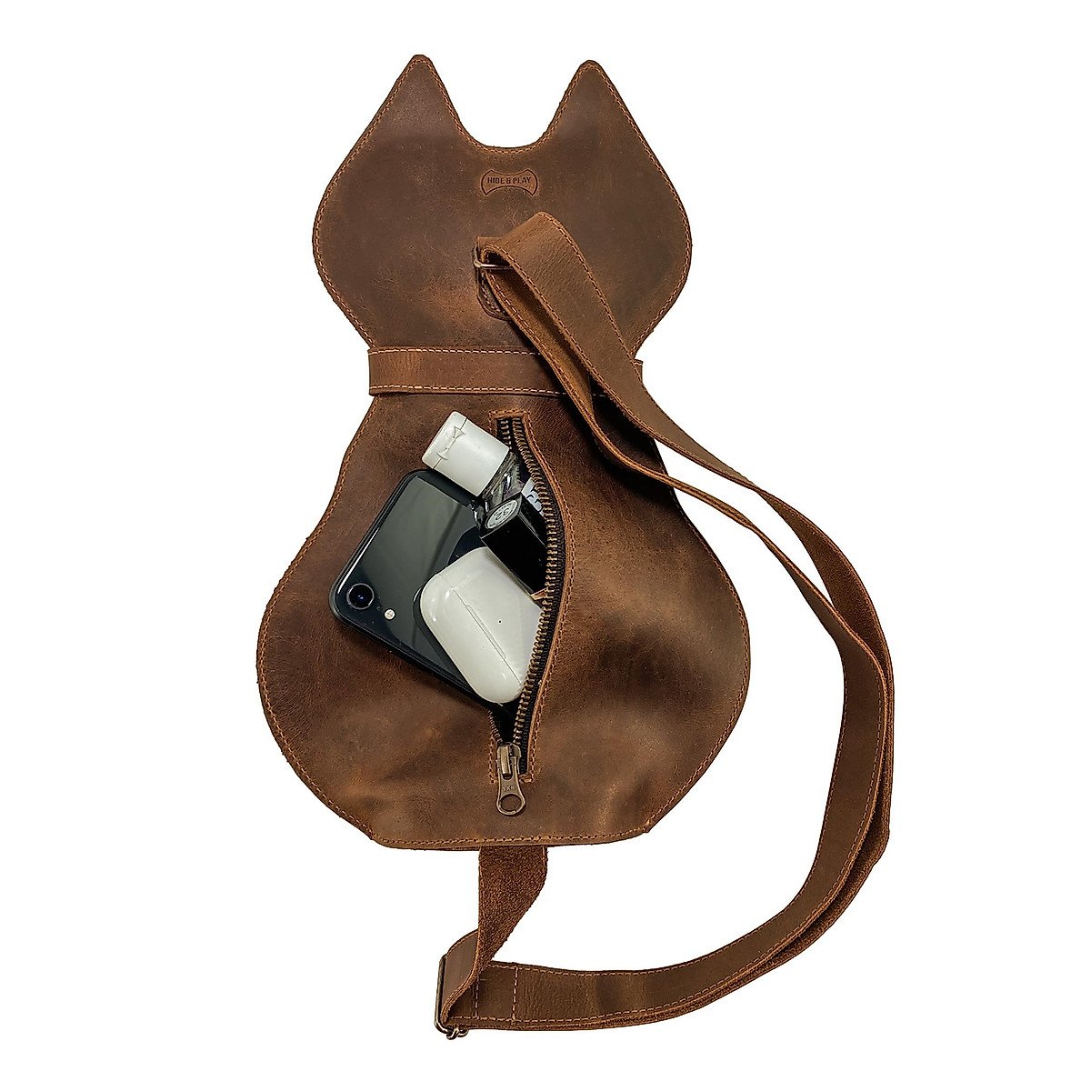 Hide & Play, Kitty Shape Backpack Handmade from Full Grain Leather - Pet Lover Accessory, Great for Travel & Everyday Use - Bourbon Brown