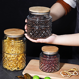 Glass Storage Jars, Kitchen Food Containers with Bamboo Lids, Airtight Embossed Mason Jar, Decorative Cereal Canisters for Candy Snack Cookies Coffee Tea Nuts Bean Countertop(Set of 3,20/40/60)