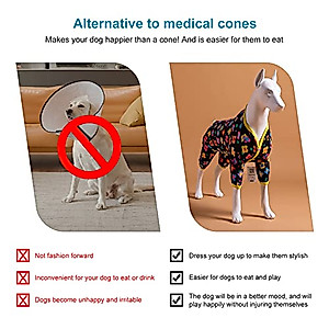 LovinPet Clothes For Labrador Pajama - Anxiety Calming Shirt,Anti Licking Dog Pajamas, Lightweight Fabric, Vintage Happy 2 Quilted Multi Print, Large Dog Pjs, All Season wear Dog Pj's,Black Yellow 3XL