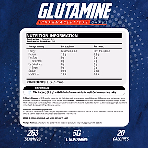 EHP Labs L Glutamine Powder Amino Acids - L-Glutamine, Workout Recovery, Immune Health & Gut Health Support (500g) - 100 Servings