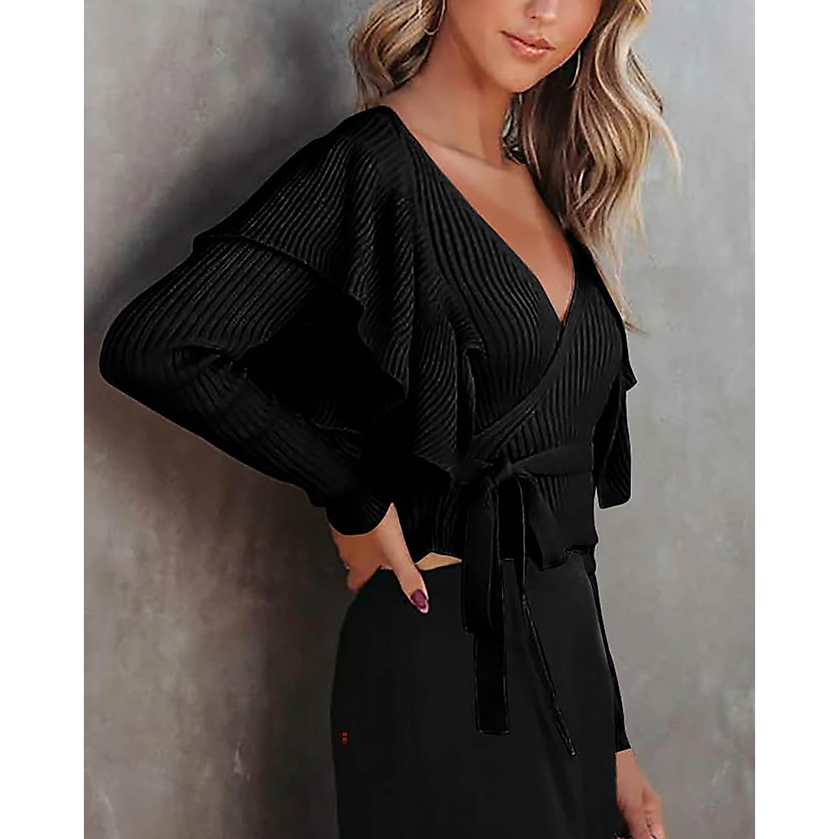 KIRUNDO Women's 2024 Fall Fashion Long Sleeve Cropped Wrap V Neck Sweater Ruffle Tie Waist Slim Fit Ribbed Knit Pullover (Black, Medium)