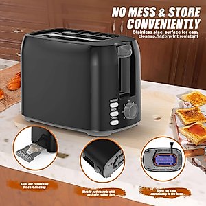 2 Slice Black Toaster with Wide Slots, Bagel Function, 7 Shade Settings, Removable Crumb Tray - Compact Prime Rated Toaster for Bread, Waffles