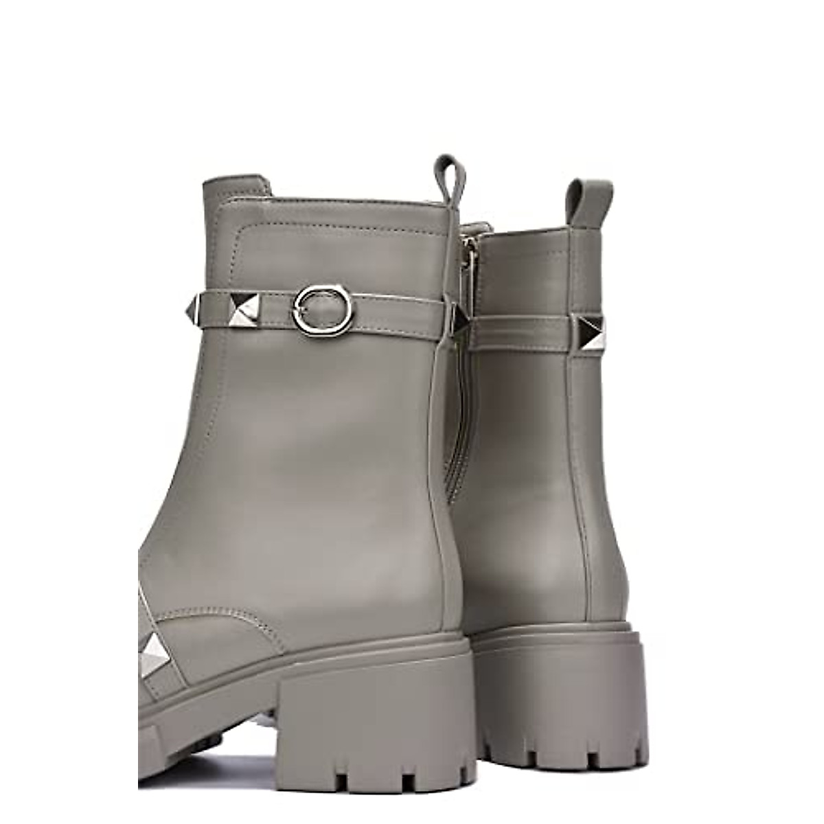 Cape Robbin Yuri Grey Gold Embellished Buckle Strap Block Chunky Heel Moto Boots (Grey Gold, 8)