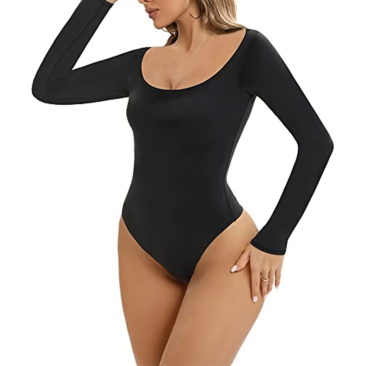 SHAPERX Women's Long Sleeve Scoop Neck Bodysuit Soft Body-Hugging T-Shirt Fits Everybody, SZ5260-Black-XS