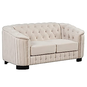 kevinplus 64'' Loveseat Chesterfield Sofa Couch for Living Room, Velvet Modern 2-Seat Tufted Upholstered Small Sofa Couch with Thick Removable Seat Cushion for Apartment Bedroom, Wooden Legs, Beige