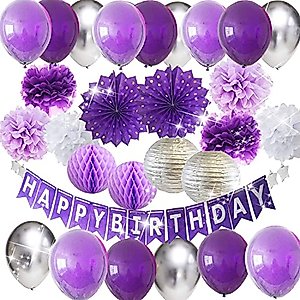 Birthday Party Decorations for Women Purple Silver Happy Birthday Banner Purple Balloons Polka Dot Paper Fans/Girl Purple Birthday/Women 40th/50th/60th Purple Birthday Party Decorations