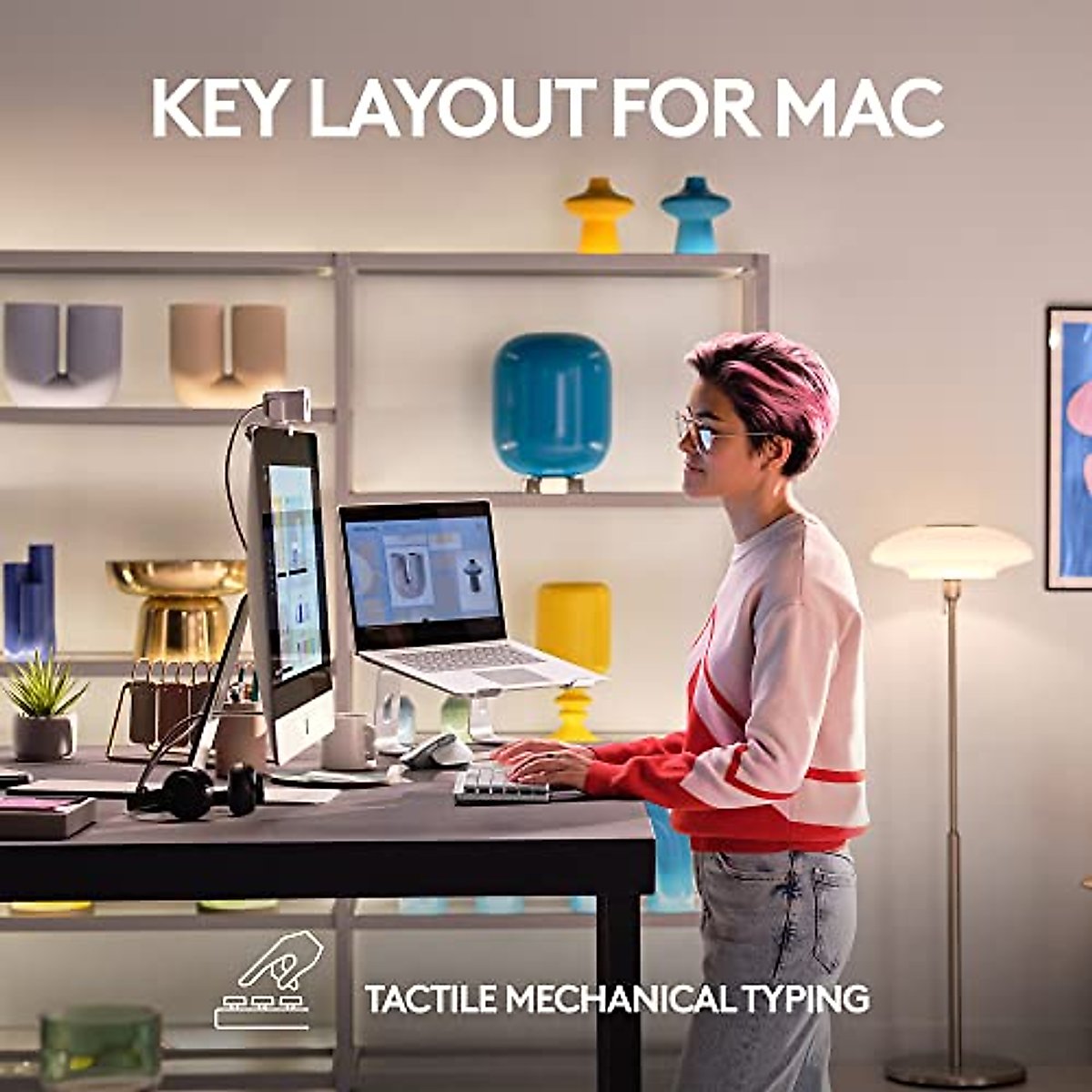 Logitech MX Mechanical Mini for Mac Wireless Illuminated Keyboard, Low-Profile Performance Switches, Tactile Quiet Keys, Backlit, Bluetooth, USB-C, Apple, iPad - Pale Grey