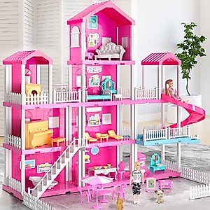 TEMI Doll Home Toy with 2 Doll Toy Figures, 4-Story 10 Rooms with Accessories and Furniture, Toddler Doll Home Kit Gift for Kids Ages 3 Toys for 3 4 5 6 Year Old Girls
