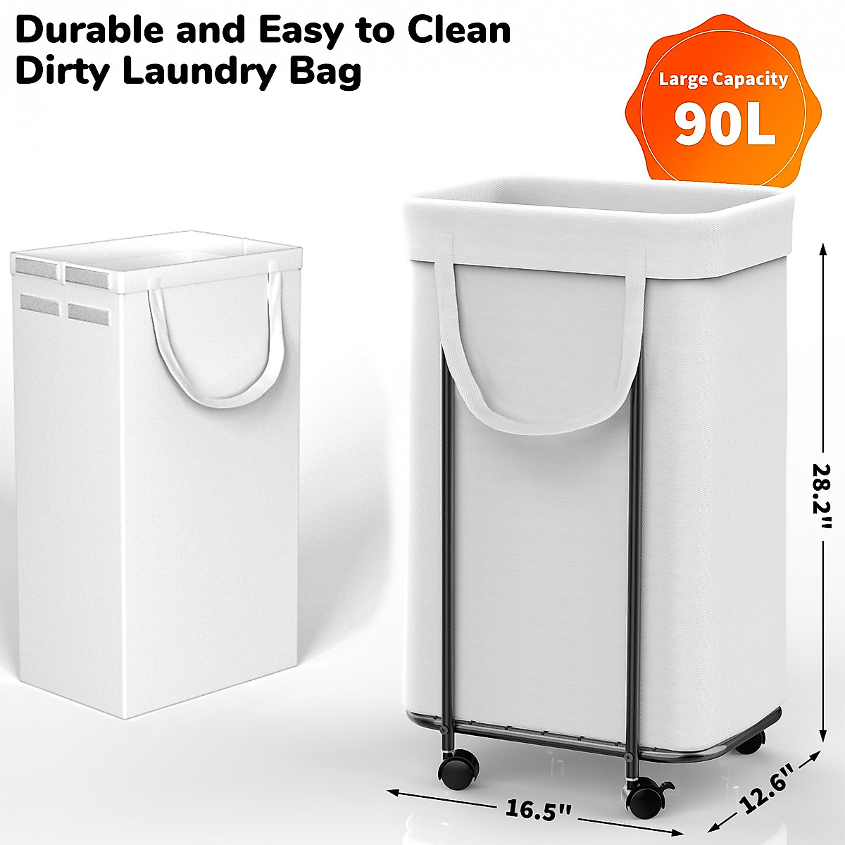 Wheels Laundry Hamper, Laundry Basket Organizer, 90 Litre Small Dirty Clothes Basket with Removable Lined Bag for Bathroom and Bedroom Storage (White)