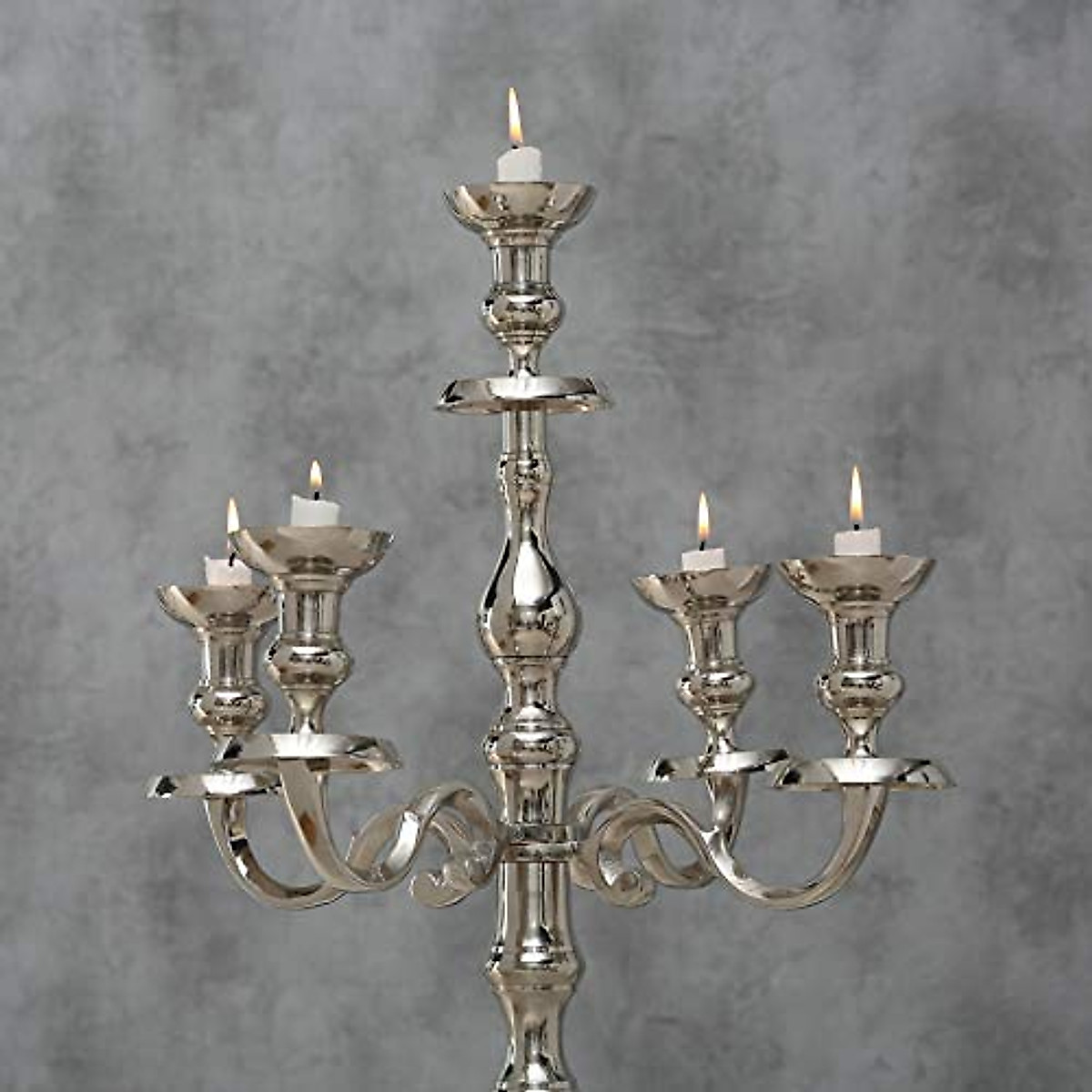 WHW Whole House Worlds Romantic Hamptons Oversized 5 (Five) Candle Silver Candelabra, Hand Crafted of Silver Aluminum Nickel, Over 3 FT High, (41.25 Inches) Free Standing Floor Unit