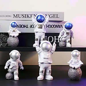 4 PCS Astronaut Figurine, Blue Astronaut Figure Toy Desktop Ornaments Resin Outer Space Birthday Cupcake Spaceman for Kids Party Funny Gift, 3PCS Astronaut and 1PCS Keychain, Desk Decor, Shelf Decor