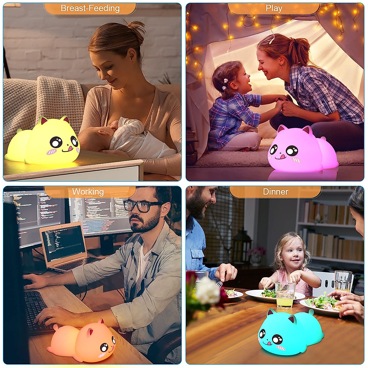 GiieeGii Silicone Cat Night Light for Kids, Cute Kitty Lamp Gifts Teen Girl Boys, with 9 Colors Change Auto Timing Dimmable Kawaii Animal Baby Night Light for Bedroom