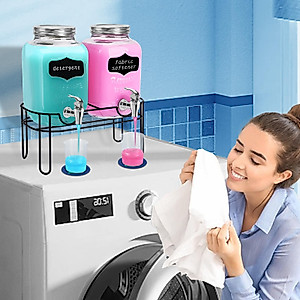 2-Pack 1 Gallon Glass Laundry Detergent Dispenser Set with Bamboo Lids and Stand - Liquid Soap and Fabric Softener Dispensers with Spigots, Cups, Labels and Mats, Laundry Room Organization and Storage