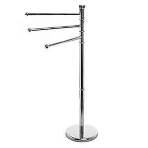 MyGift 38 Inch Silver Metal Freestanding Towel Rack for Bathroom with 3 Swivel Arms and Sturdy Round Base