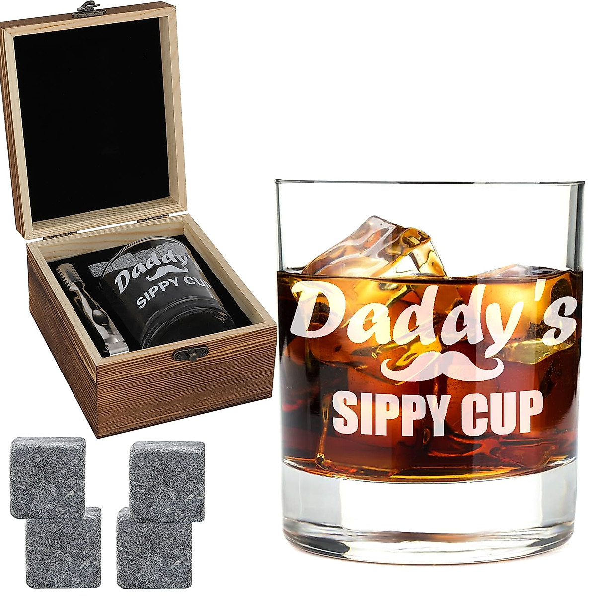 EBGRF Daddy's Sippy Cup Whiskey Glass - Funny Gifts for New Dad, from Wife - 11oz Whiskey Glass & 4 Whisky Stones Sets for First Father's Day, Birthday