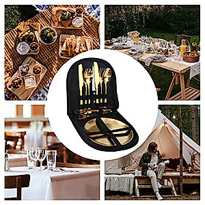 ALXBSONE Stainless Steel Portable Outdoor Cutlery Set 10-pcs Mess kit Travel Camping Steak Knife Fork Spoon Cloth Bag Cutlery Set(Gold)