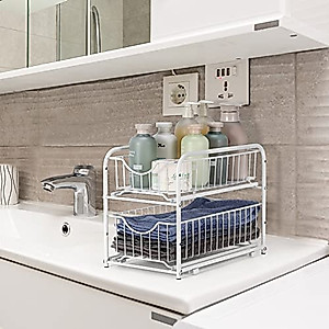 MOOACE 2 Pack Stackable 2 Tier Under Sink Cabinet Organizer with Sliding Storage Drawer, Pull Out Basket Organizer for Pantry, Under The Sink, Bathroom, Kitchen, White