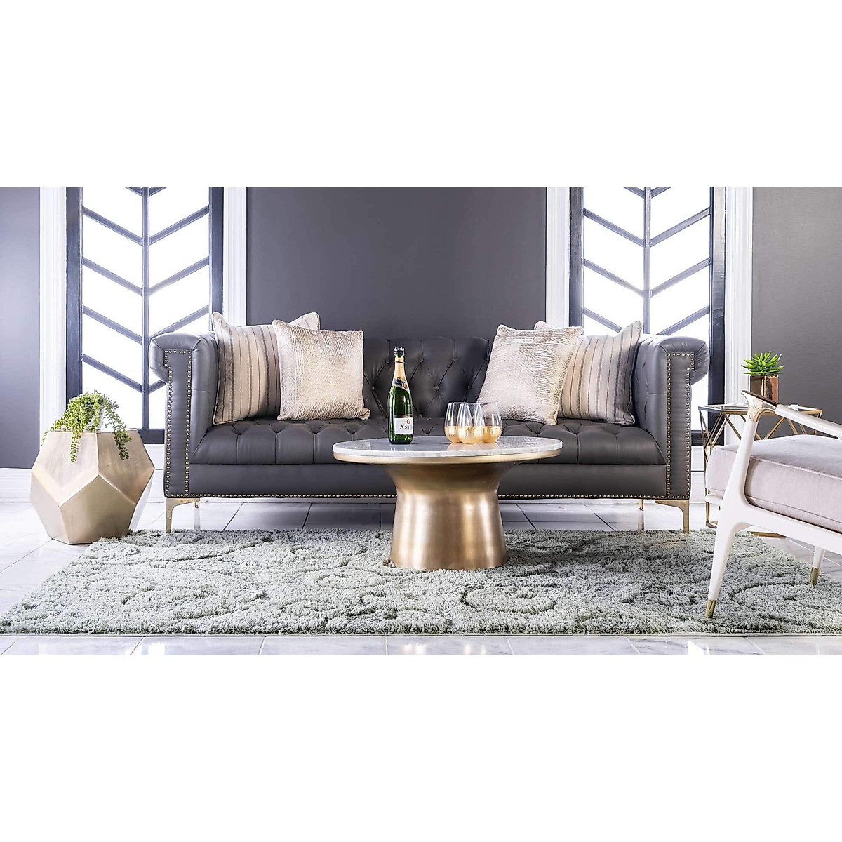 Unique Loom Floral Shag Collection Area Rug-Carved, 4 ft x 6 ft, Green