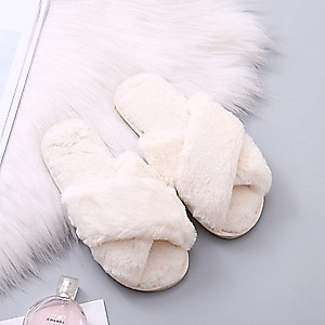 HUMIWA White Cross Slippers Fuzzy Fluffy Faux Fur House SPA Cute Open Toe Slippers for Women Girl/Women8-8.5 Men7-7.5