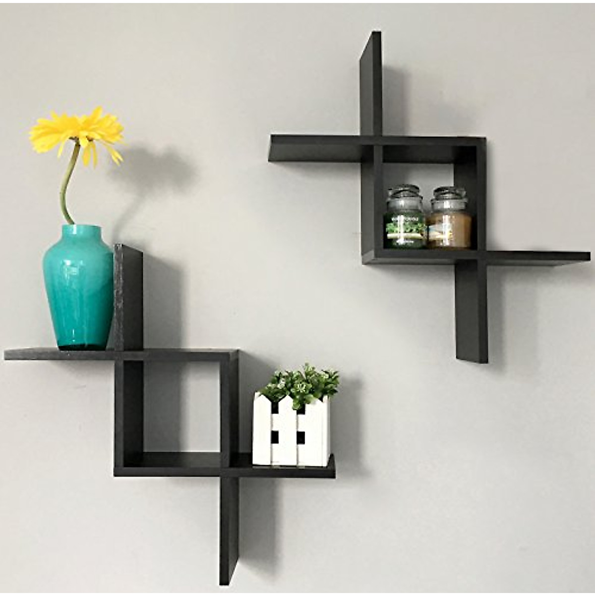 Greenco Criss Cross Intersecting Floating Shelf, Easy-To-Assemble Floating Wall Mount Shelves for Bedrooms and Living Rooms, Espresso Finish