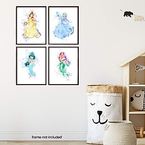 Princess Room Decor Wall Art,Watercolor Princess Decor For Girls Room,Ariel Jasmine Cinderella Belle, Princess Wall Decor For Girls Bedroom or Nursery,(8x10) Set of 4 Prints Unframed
