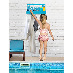 Pool Towel Rack - 2-in-1 Outdoor Poolside Beach Washcloth Drying Rack Holder, Wall Mounted Metal Hooks Decor for Bath Towel Storage, Robe Swimsuit, Coat, Bags, Phone, Keys - Blue