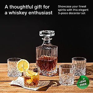 GoodGlassware Whiskey Decanter and Glasses (5 Piece Set) – Elegant Liquor Carafe with Ornate Solid Glass Stopper and 4 Matching Whisky Tumblers - Lead-Free and Dishwasher Safe Transparent