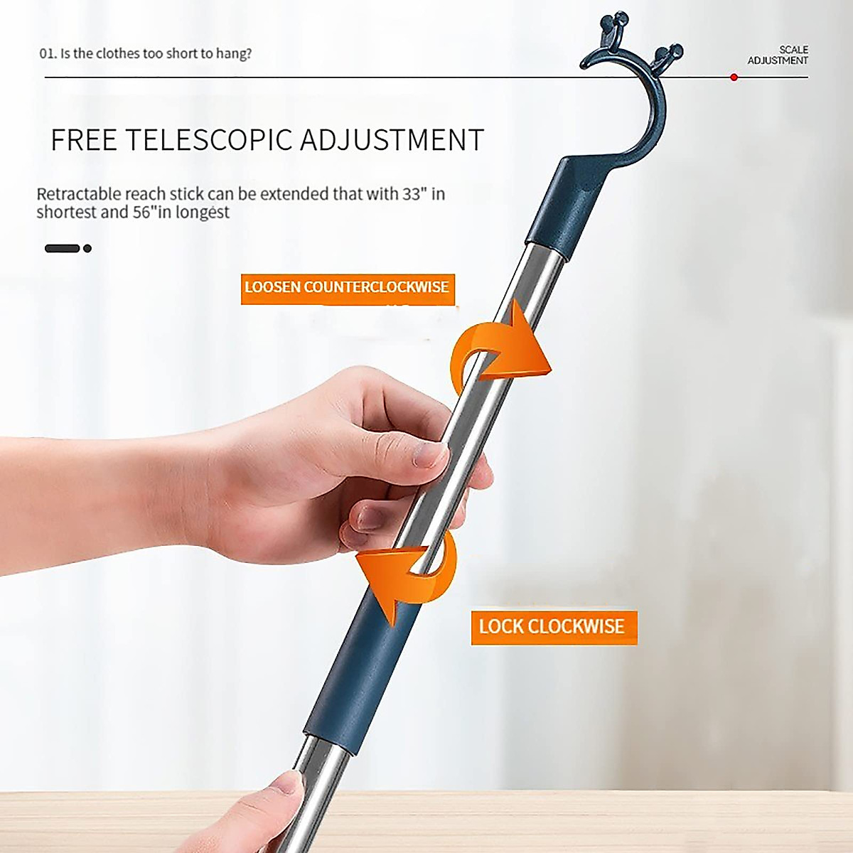 Reach Stick Long Pole Utility Hook 56" Extended Reaching Tool for High Area Closet Ceiling