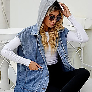 Perbai Women's Distressed Oversized Button Down Sleeveless Denim Vest with Detachable Hoodie(B HoodedBlue-S)