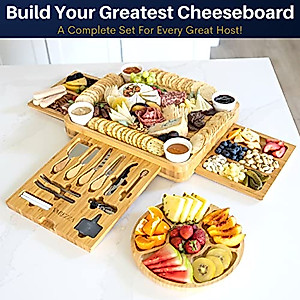VAREZZA Bamboo Cheese Board and Knife Set Extra Large Charcuterie Board Set - Serving Board, Side Cheese Tray, Round Bamboo Fruit Cheese Platter, 23 Entertaining Accessories for House Warming Gift