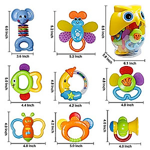 Baby Teether Rattles Sets Toy,Babies Grab Shaker and Spin Rattle Toy Early Educational Toys with Owl Bottle Set for 0,3,6,9,12 Month Newborn Toys Baby Boy Girl