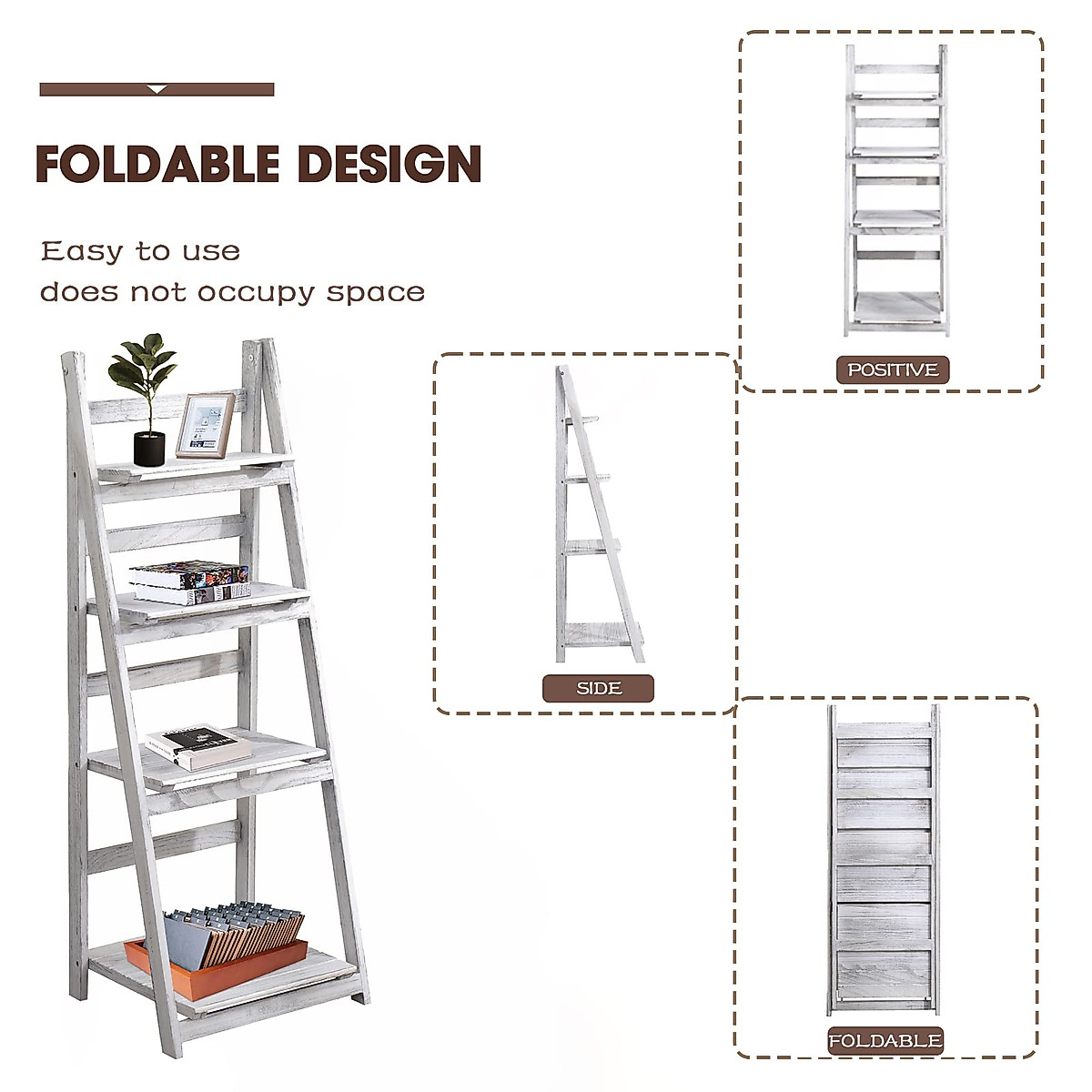 ECOMEX 4 Tier Foldable Bookshelf Storage Rack for Home Bedroom Office, Paint White
