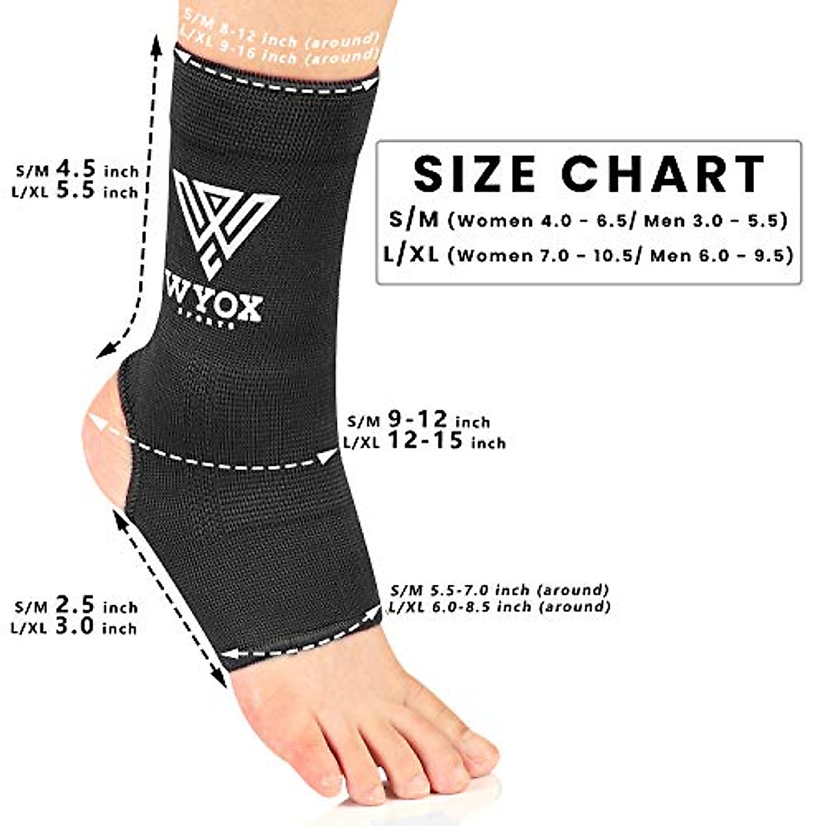 WYOX Ankle Wraps Support Boxing Gear for Men Women Muay Thai Ankle Support Kickboxing Wraps Gym Ankle Support (Pair) (Black, L/XL (Women 7.0-10.5/ Men 6.0-9.5))