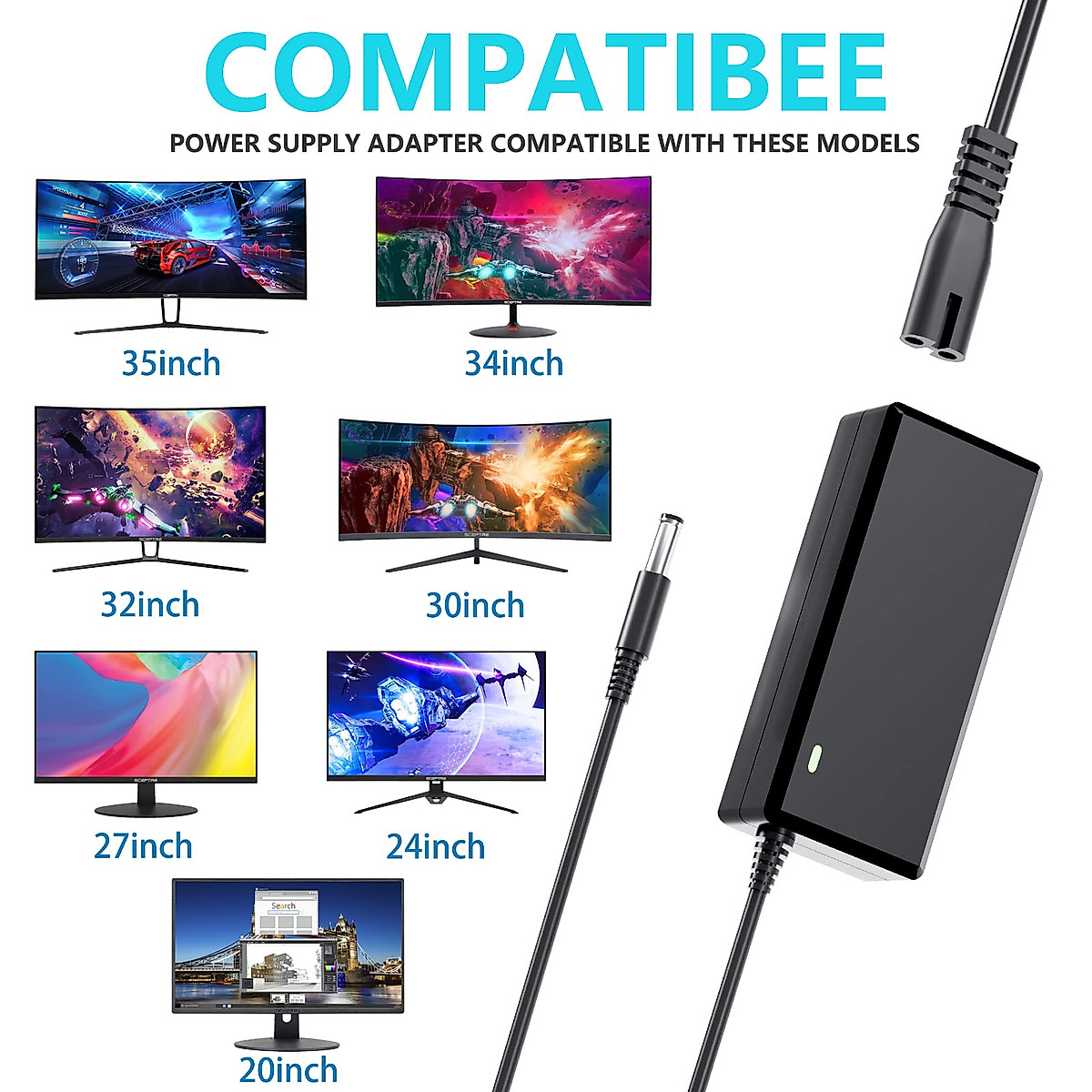 VHBW 12V for Sceptre Monitor Power Cord AC Adapter for Sceptre EC Series 35" 32" 30" 27" 24" 22" 20" 19" 15" E248W E225W E205W E275W C325W-1920R Screen LED-Lit Monitor Power Supply Cord Charger