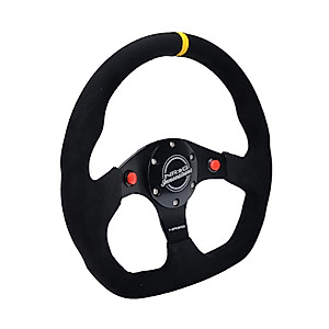 NRG Innovations NRG-RST-024D-MB-SA-Y Reinforced Steering Wheel 320mm Sport Alcantara Dual Push Buttons Flat Bottom with Yellow Center Mark