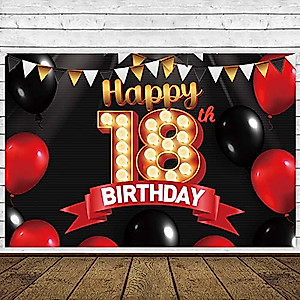 Happy 18th Birthday Black Banner Decorations Gold Backdrop Red and Black Balloons Theme Decor for Girls Women Princess 18 Years Old Birthday Party Supplies Photo Booth Props Background Favors Glitter