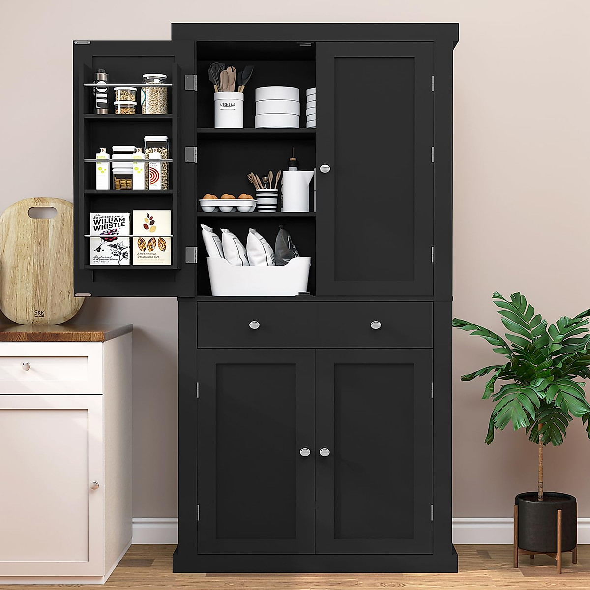 usikey 72” Kitchen Pantry Cabinet, Tall Storage Cabinet with 4 Doors and 1 Drawer, Freestanding Cupboard with 6 Hanging Shelves and Adjustable Shelves for Kitchen, Dining Room,Living Room, Black